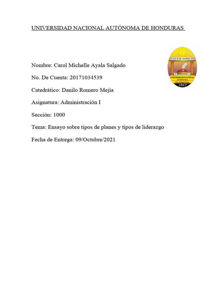 Ensayo Tipos de Planes y Tipos de Liderazgo | PDF | Planificación ...