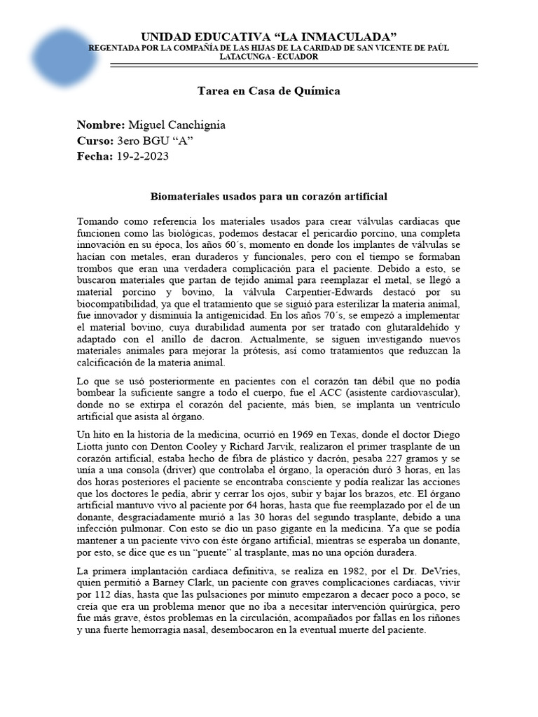 Biomateriales en corazones artificiales | PDF | Corazón | Transplante ...