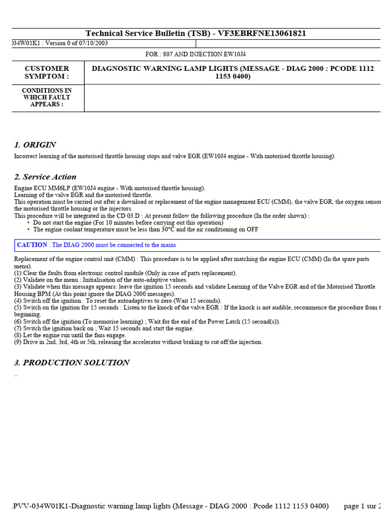 DIAG 2000 Warning Lamp Procedure | PDF | Throttle | Engineering