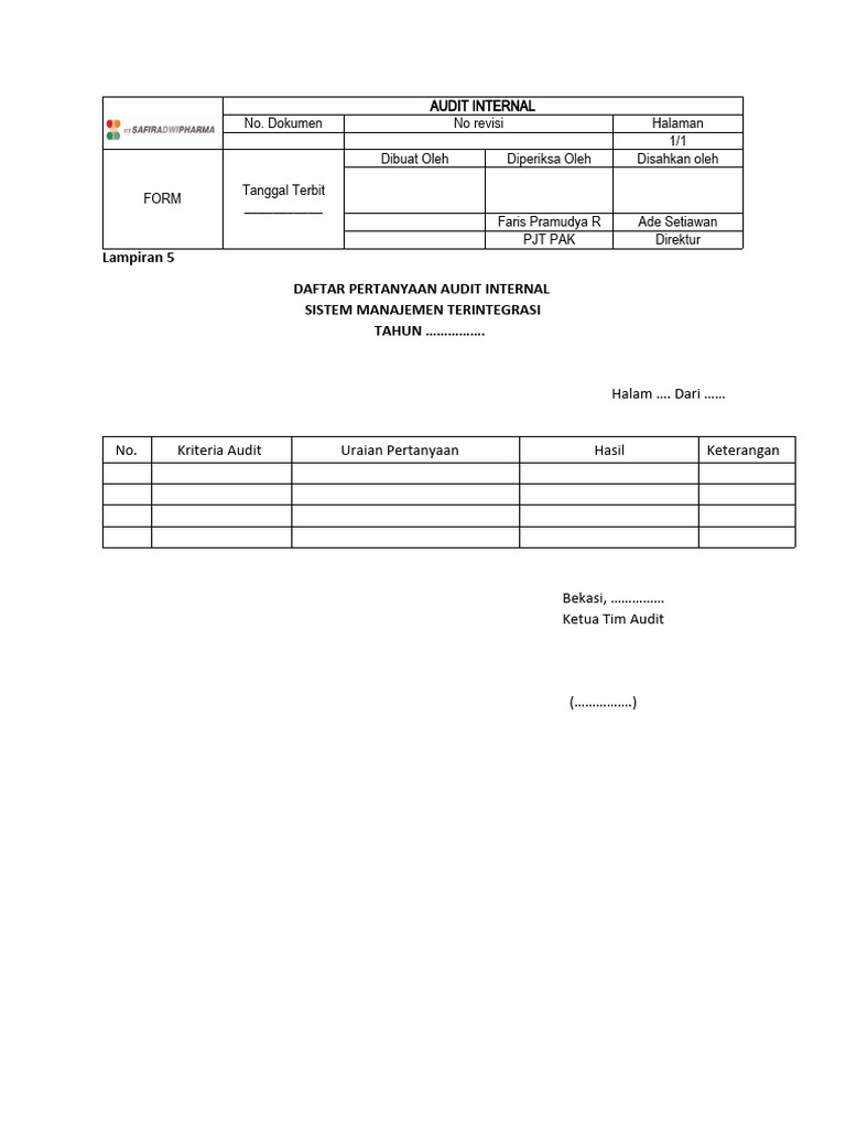 CONTOH FORMULIR DAFTAR PERTANYAAN AUDIT INTERNAL | PDF