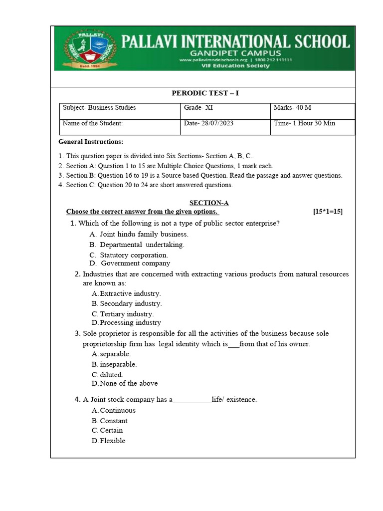 Business Studies Test Grade XI | PDF | Business | Sole Proprietorship