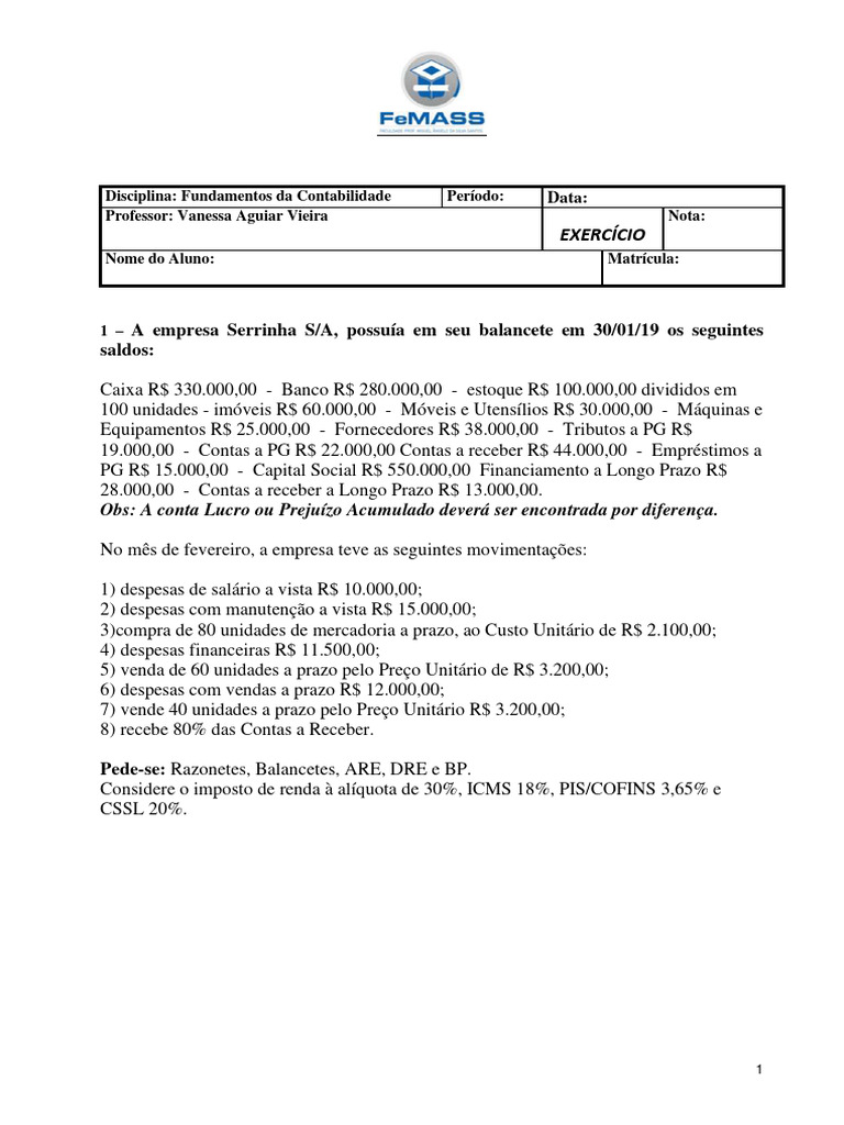 Exercício de Contabilidade Financeira | PDF | Negócios | Direito
