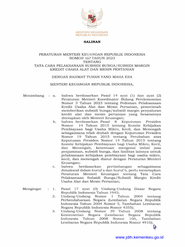 PMK 167 2023 Tata Cara Subsidi Bunga Alsintan | PDF