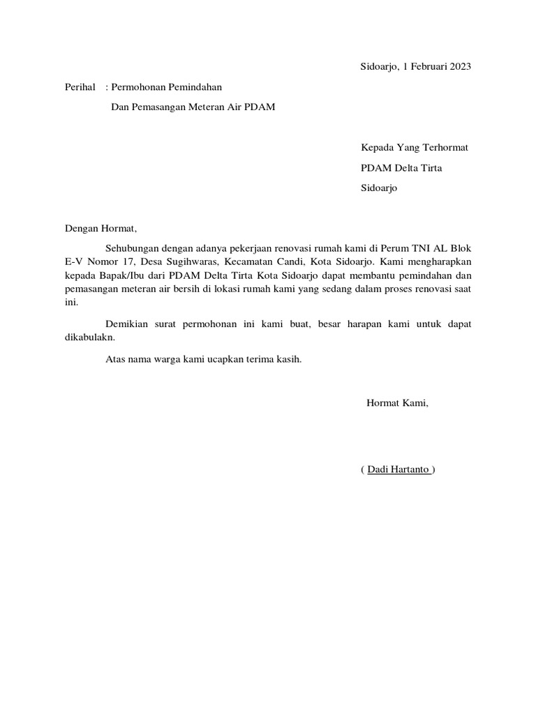 Surat Permohonan Pemindahan Meteran Air PDAM | PDF