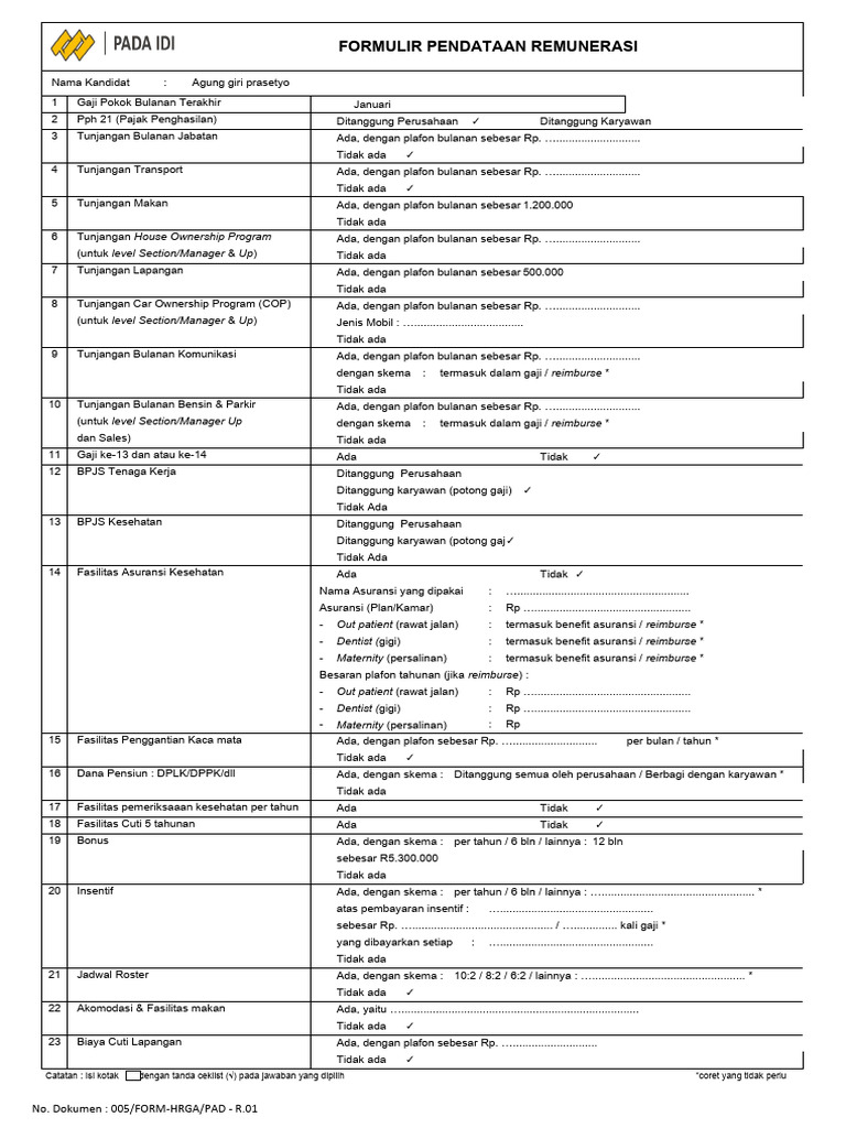 Bagi 005. Formulir Pendataan Remunerasi Rev.01 | PDF