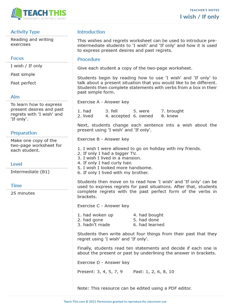 I Wish If Only Worksheet | PDF | Linguistics