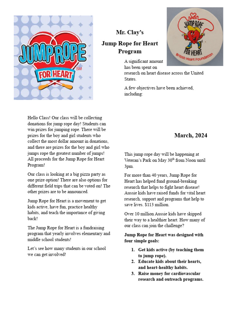 Mr. Clay's Jump Rope For Heart Program | PDF | Cardiovascular Diseases ...
