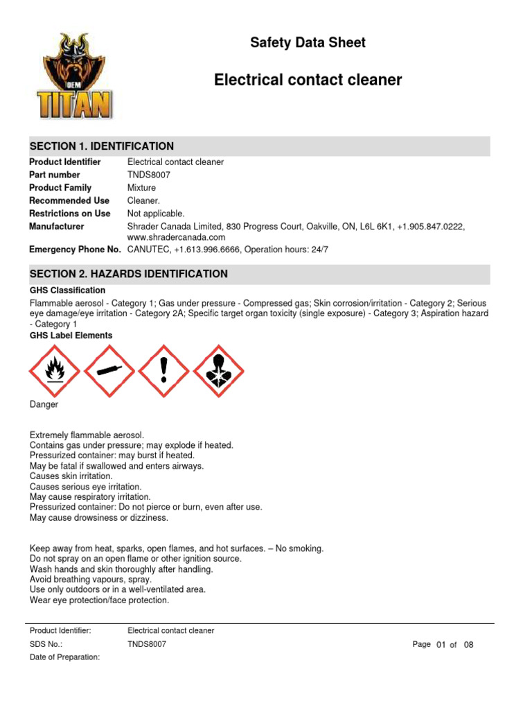 Titan Electrical Contact Cleaner | PDF | Toxicity | Dangerous Goods