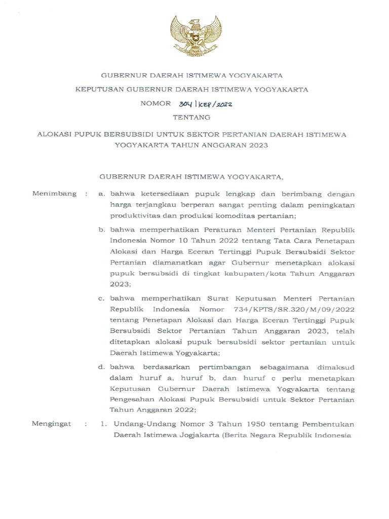SK Gubernur DIY Alokasi PB 2023 | PDF