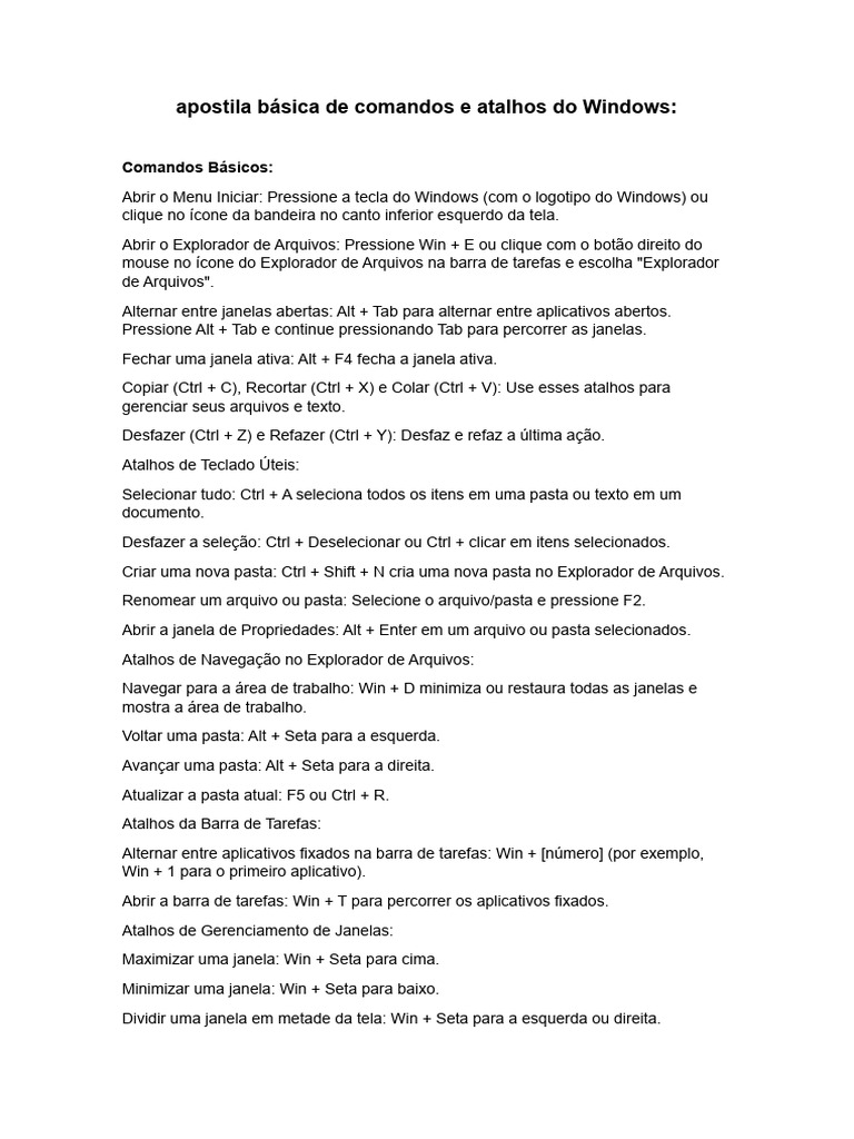 Apostila Básica de Comandos e Atalhos Do Windows | PDF | Botão Ctrl | Janela (informática)