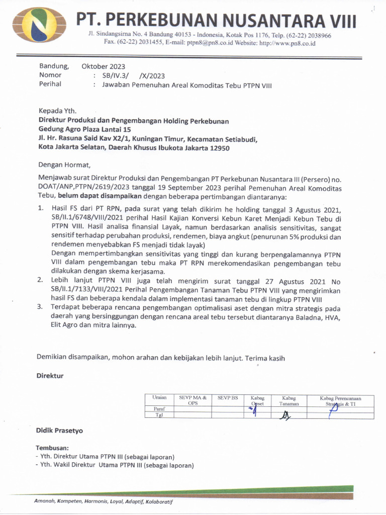 Jawaban Pemenuhan Areal Tebu N8 | PDF