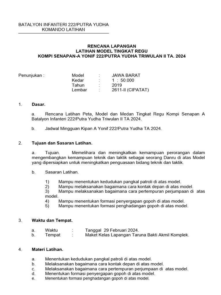 Rencana Lapangan Latihan Model Tingkat Regu Kompi Senapan-A Yonif 222 ...