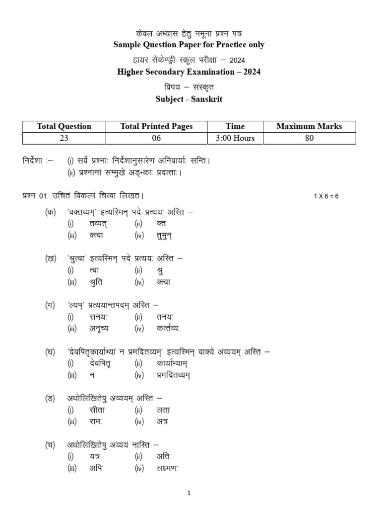 Sanskrit Sample Paper for 2024 Exam | PDF | Business | Science ...