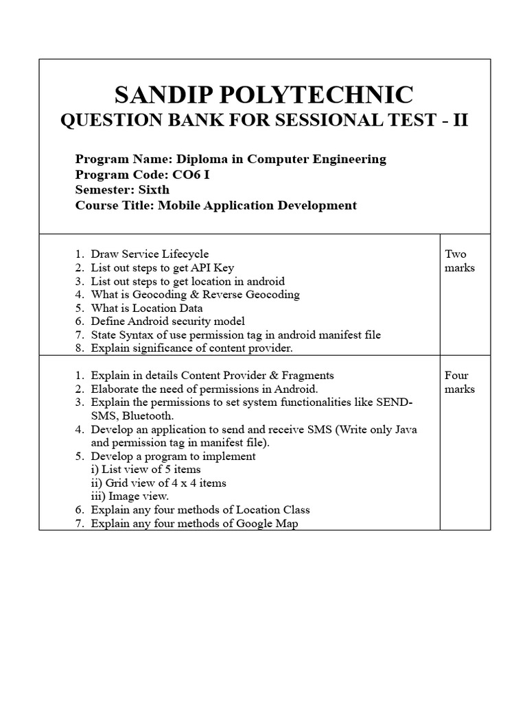 Question Bank For Mobile Application Development - II | PDF