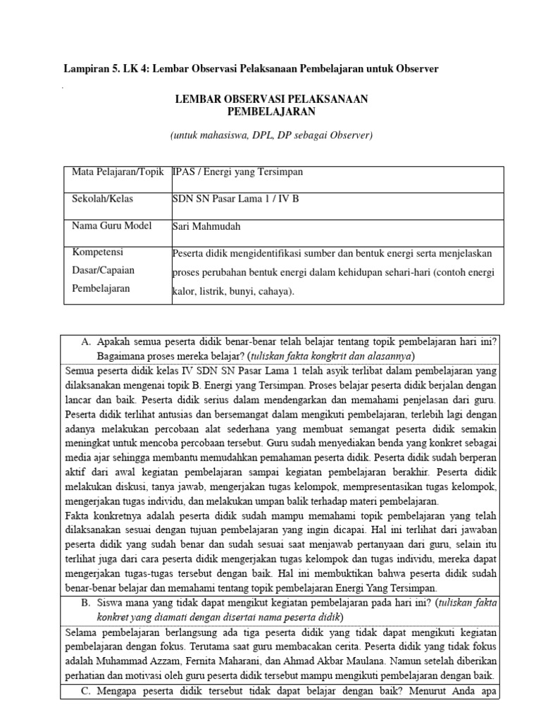 Lembar Observasi Pembelajaran - Siklus 1 Pertemuan 1 | PDF