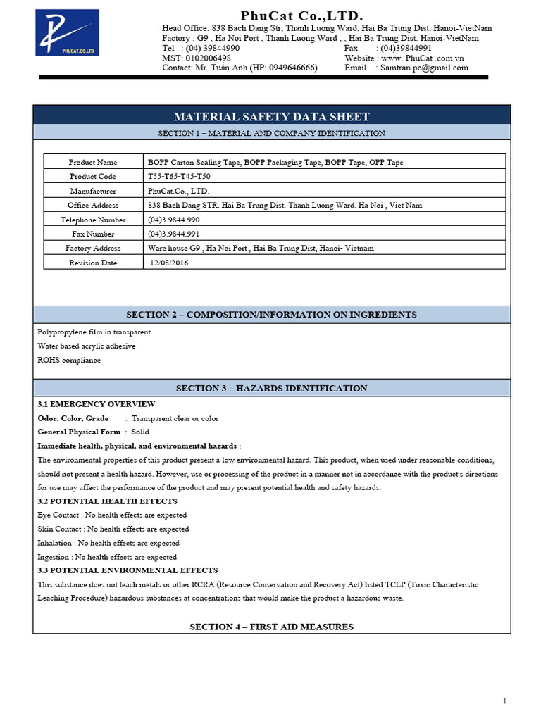 Msds Bopp Packing Tape | PDF | Waste Management | Waste