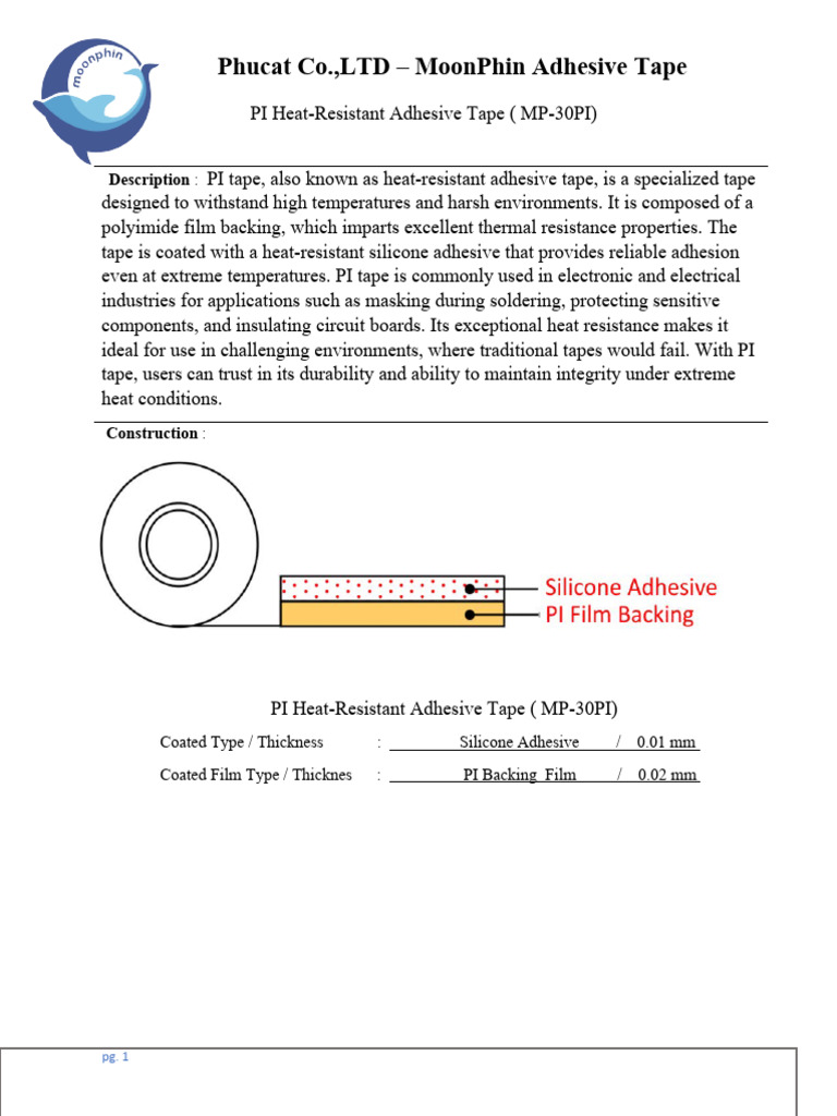 PI Heat Resistant Tape 260 + (MoonPhin) (Eng-TDS) | PDF