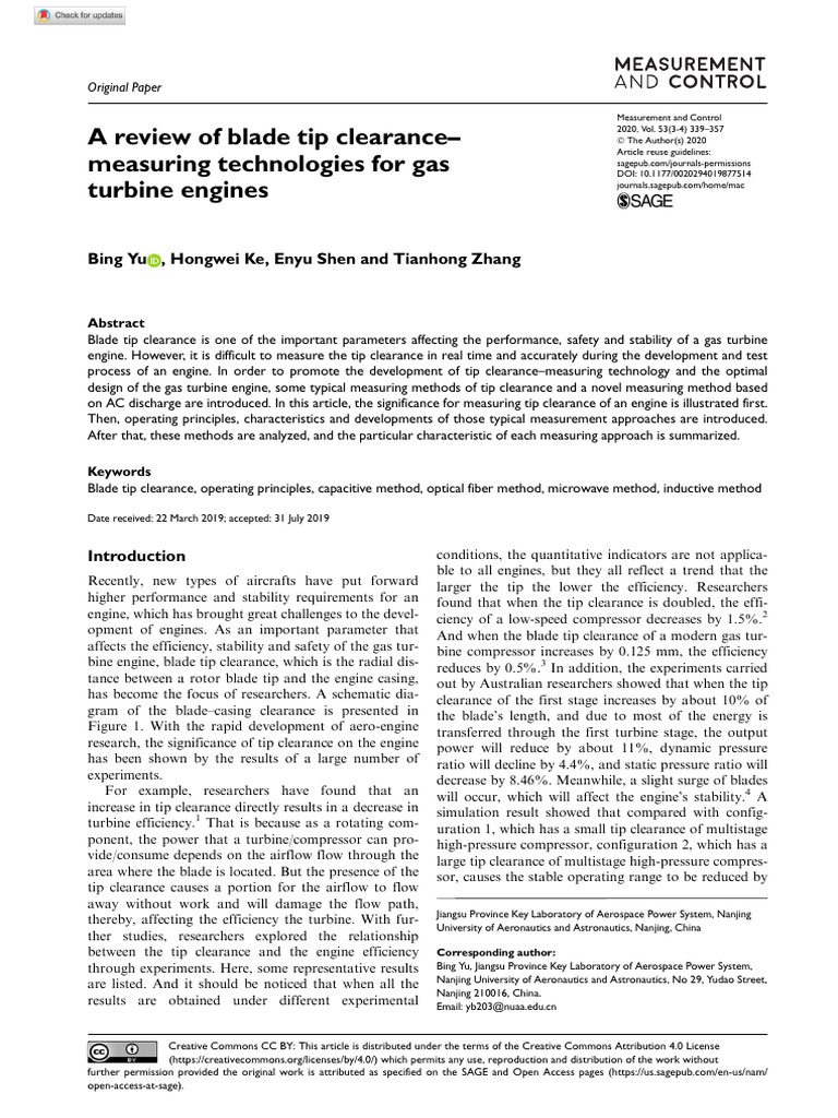 Yu Et Al 2020 A Review of Blade Tip Clearance Measuring Technologies ...
