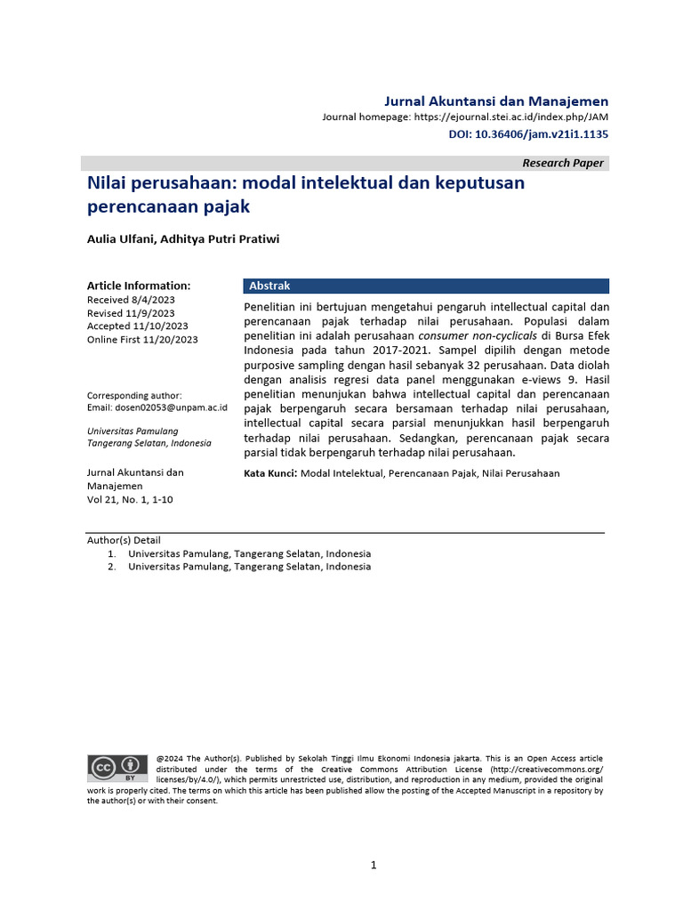Nilai Perusahaan Modal Intelektual Dan Keputusan Perencanaan Pajak | PDF
