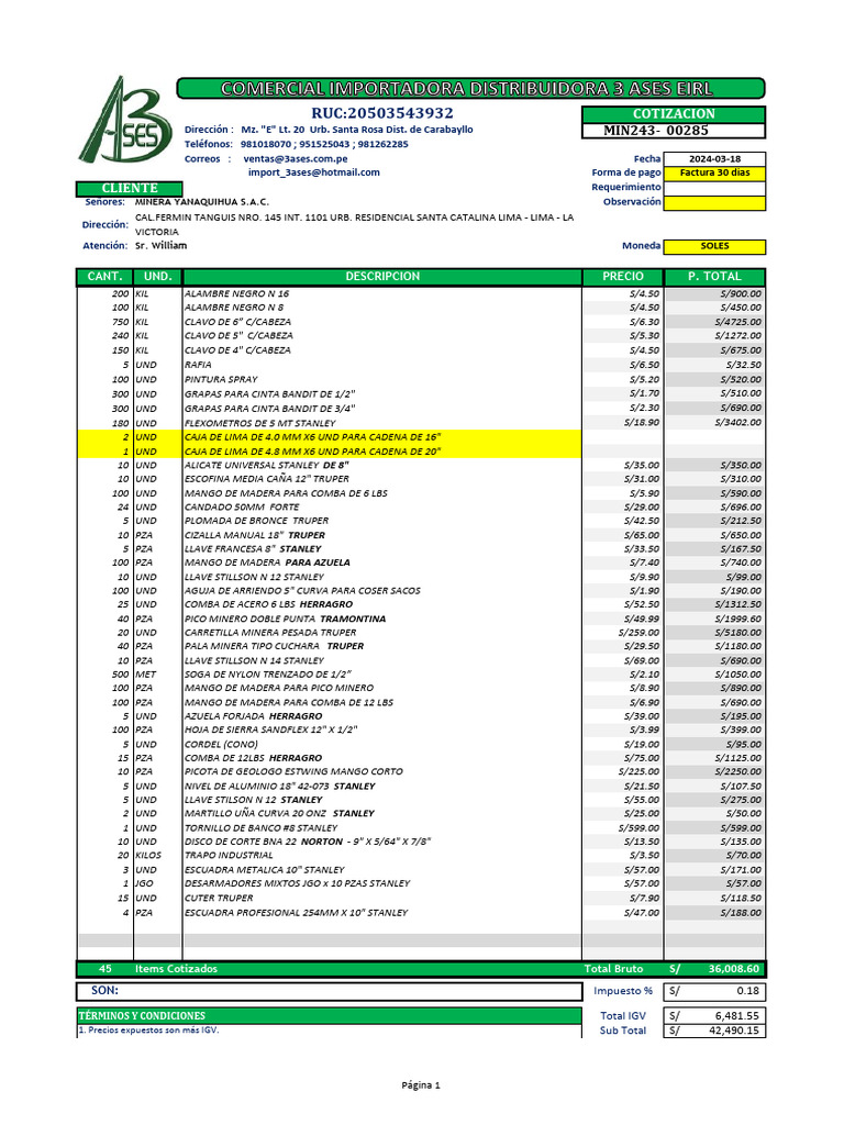18-03-2024 COTIZACIÓN A MINERA YANAQUIHUA - Williams | PDF