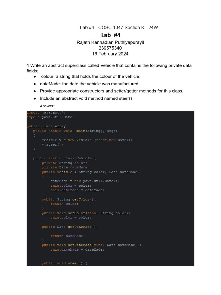 Lab #4 - COSC 1047 Section K - 24W | PDF | Class (Computer Programming) | Method (Computer ...