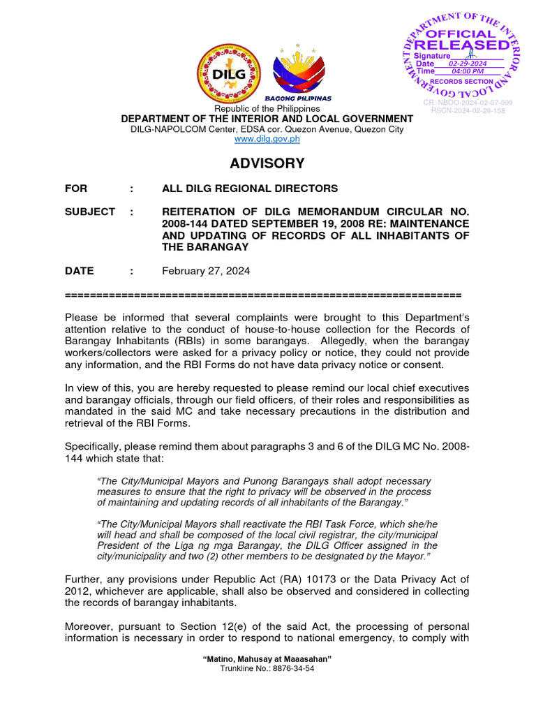Advisory: Department of The Interior and Local Government | PDF ...