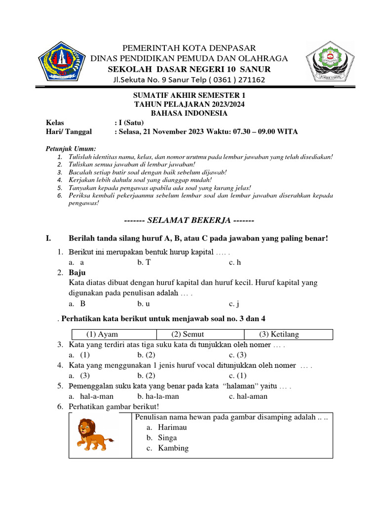 SUMATIF Bahasa Indonesia Kela 1 | PDF