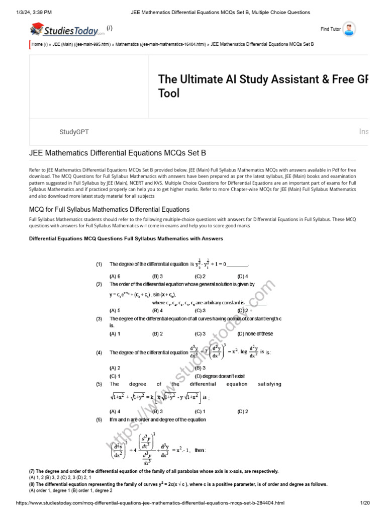 Differential Equations Mcqs | PDF | Multiple Choice | Equations
