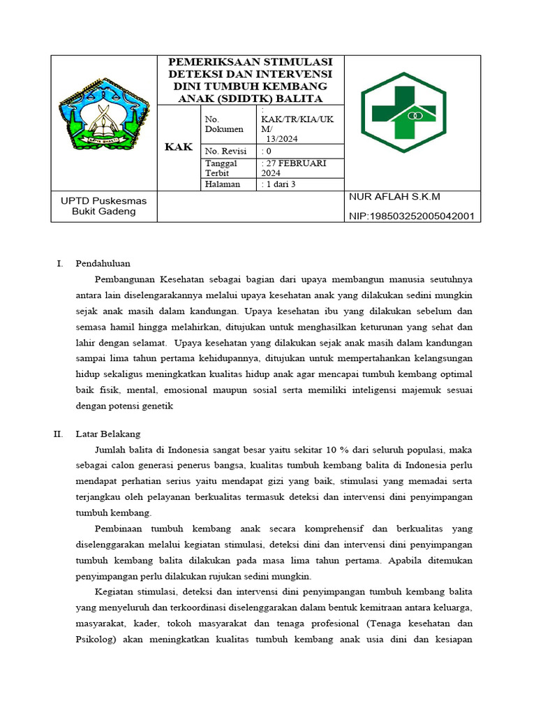 13.kak Pemeriksaan Sdidtk Balita | PDF | Karier & Perkembangan | Pengembangan Diri