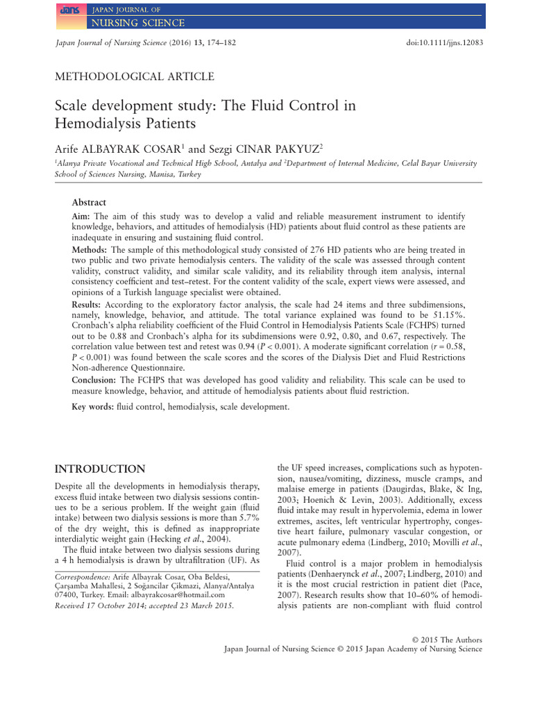Japan Journal Nursing Sci - 2015 - Albayrak Cosar - Scale Development Study The Fluid Control in ...
