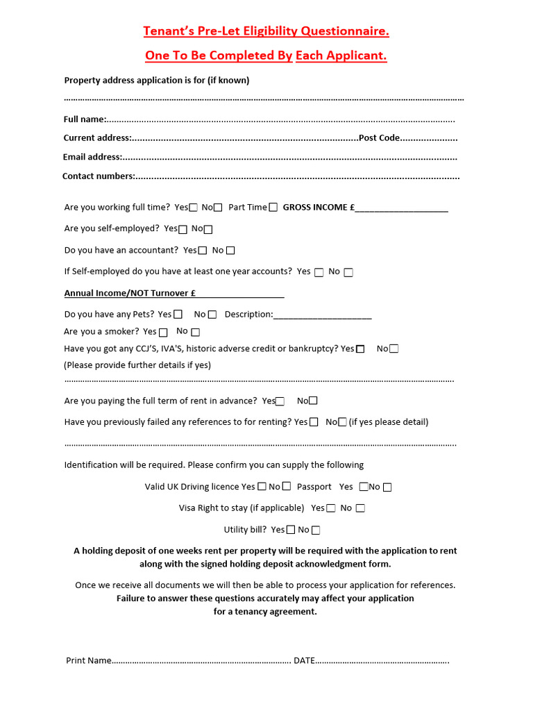 New Tenant Pre Application Questionnaire | PDF | Leasehold Estate