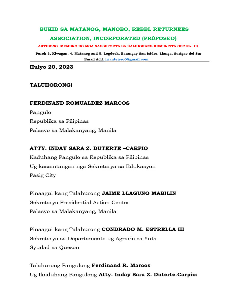 Bukid Sa Matanog, Manobo Rebel Returnees Association, Inc - San, Isidro ...