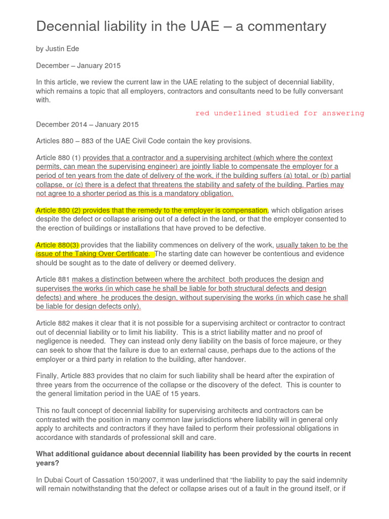 Decennial Liability in The UAE - A Commentary | PDF | Legal Liability ...