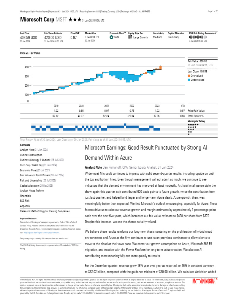 MSFT Morningstar Analyst Reports | PDF | Cloud Computing | Microsoft