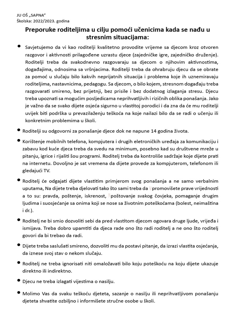 Preporuke Roditeljima | PDF