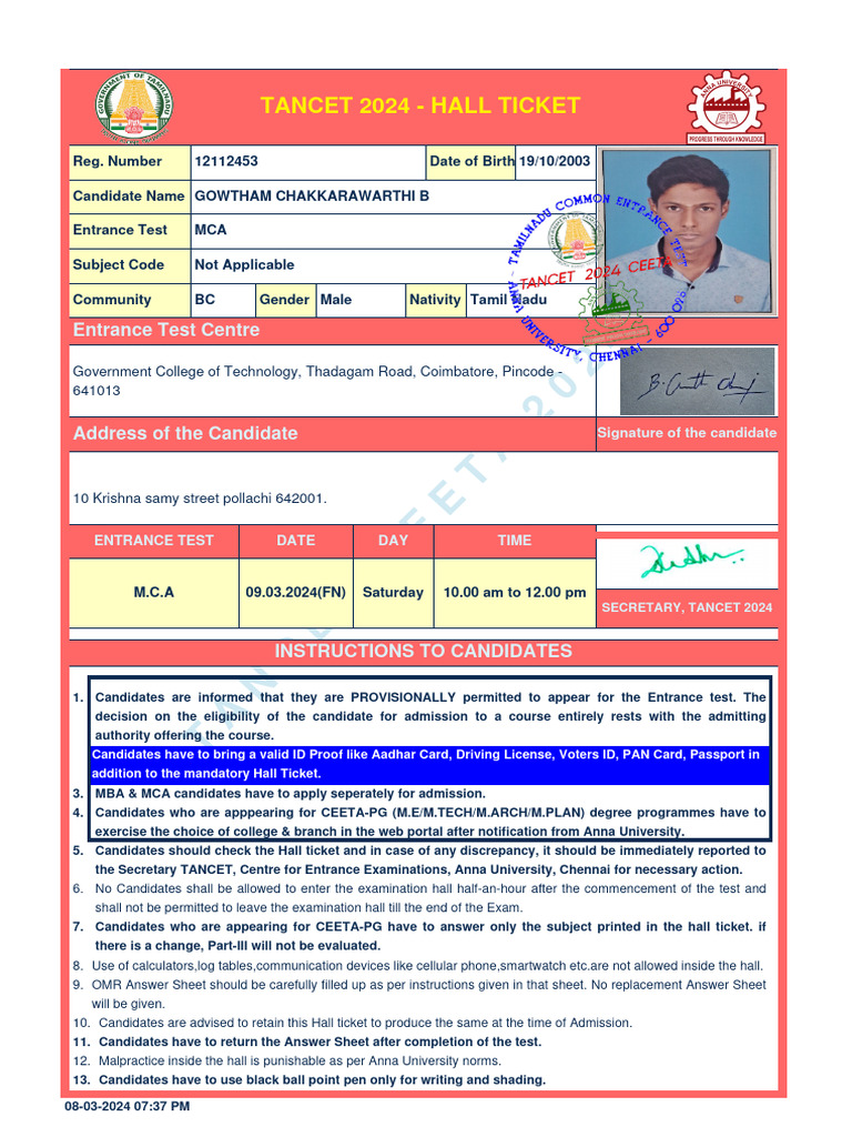 TANCET 2024 MCA Hall Ticket Details | PDF