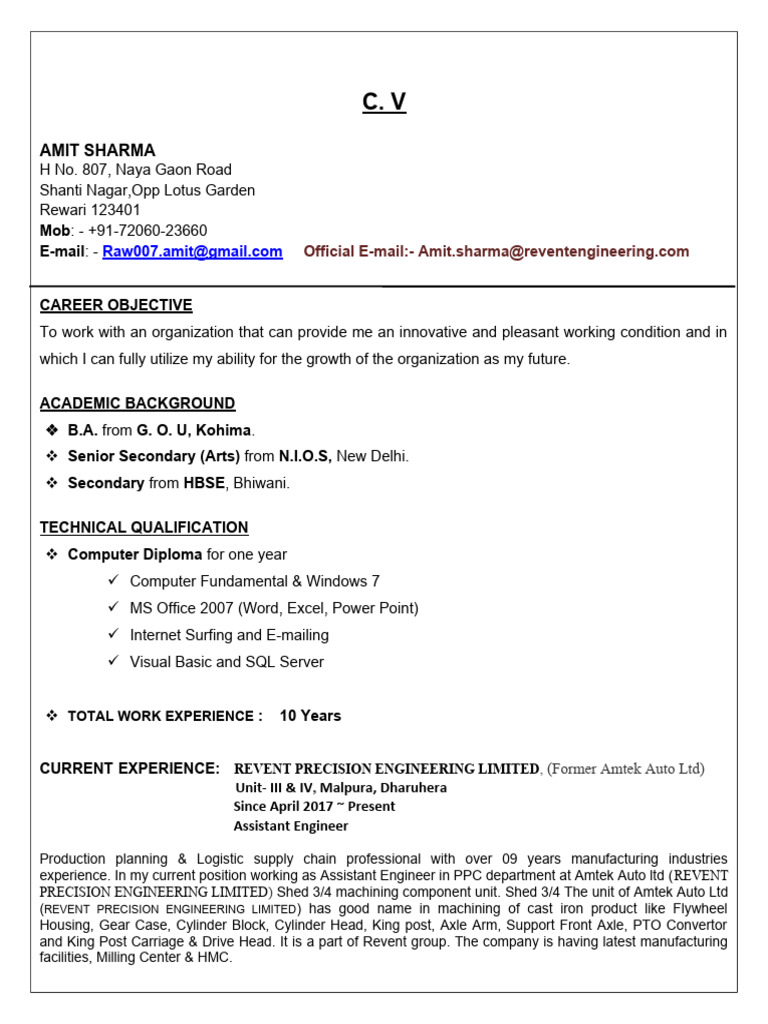 Amit Sharma's CV: Revent Engineering Role | PDF | Milk