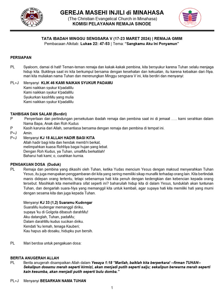 Tata Ibadah Remaja GMIM Minggu Sengsara | PDF