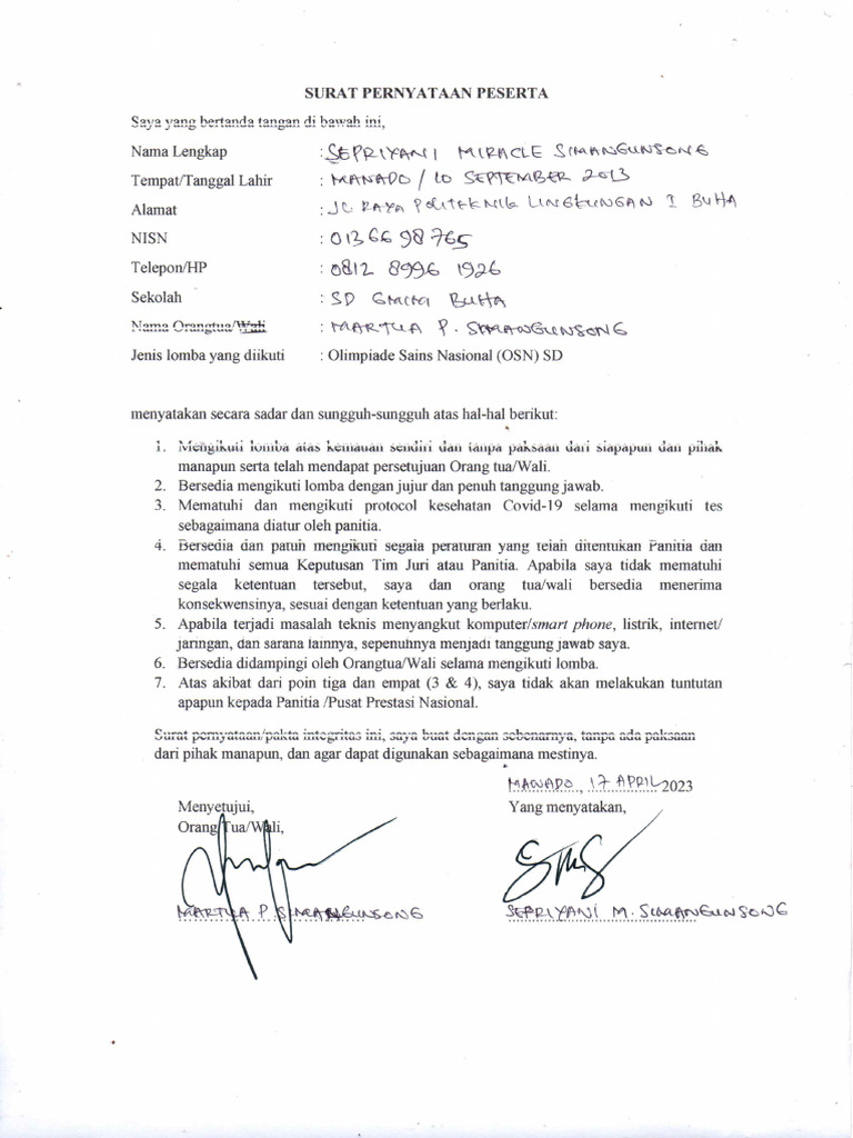 Surat Pernyataan Sepri | PDF