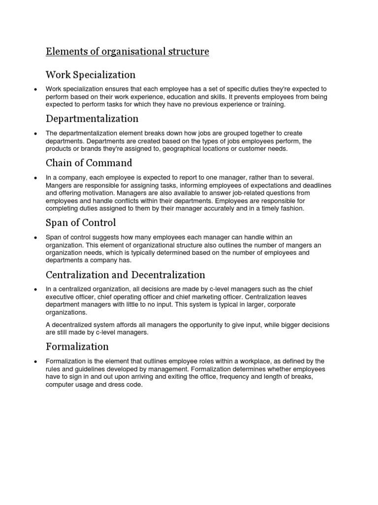 Elements of Organisational Structure Work Specialization | PDF ...
