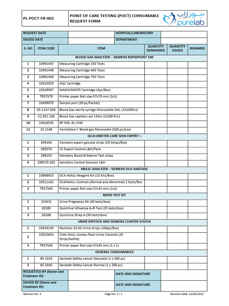 POCT Consumable Request Form | PDF | Medical Diagnosis | Medicine