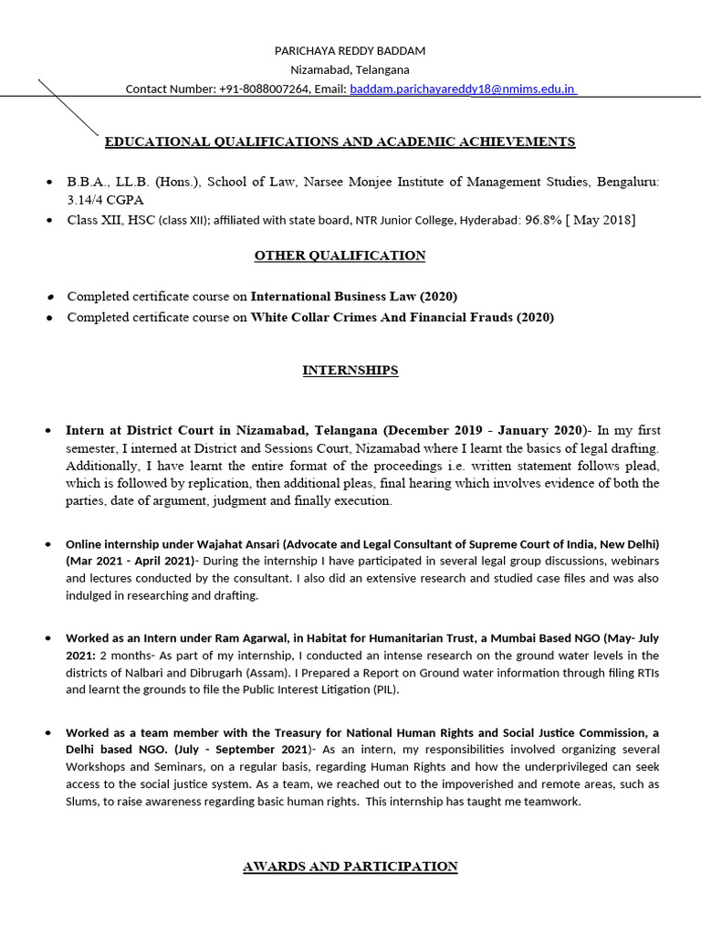 Parichaya Reddy Baddam CV | PDF | Justice | Crime & Violence