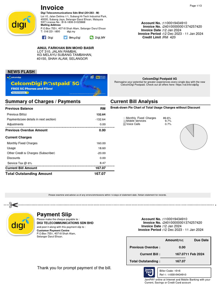 Digi Postpaid Bill Statement 2024 | PDF