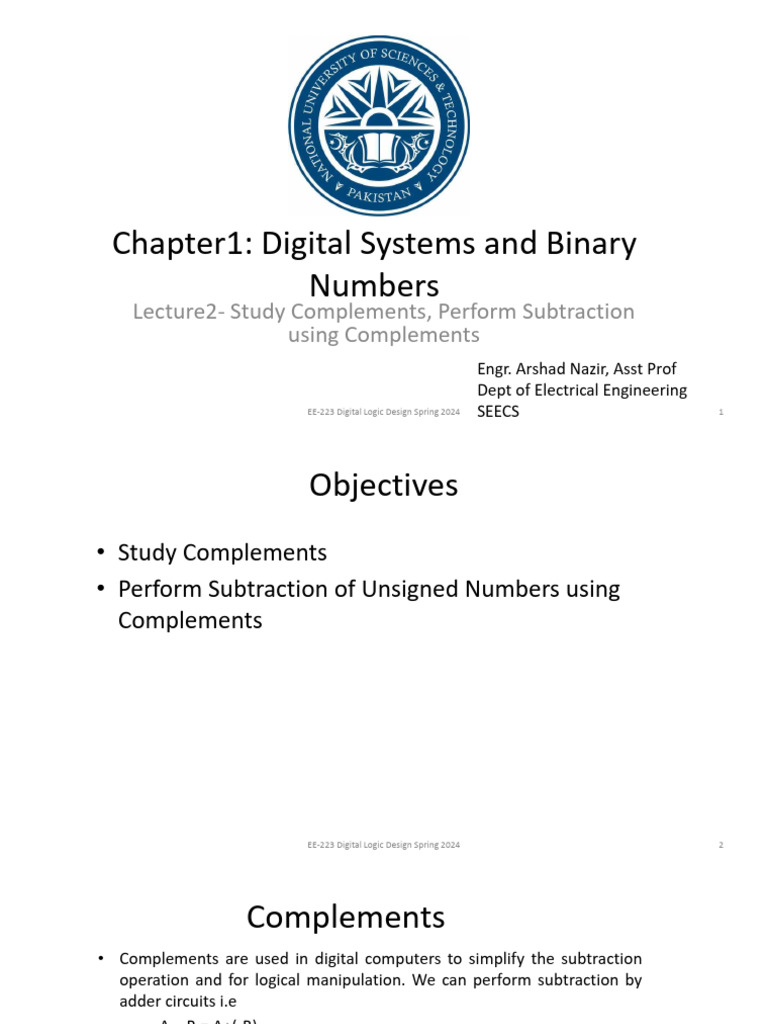 Lecture2 Chapter1 - Unsigned Numbers, Subtraction of Unsigned Numbers ...