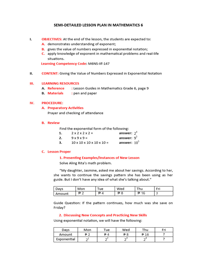 Lesson Plan, Sample | PDF | Exponentiation | Mathematics