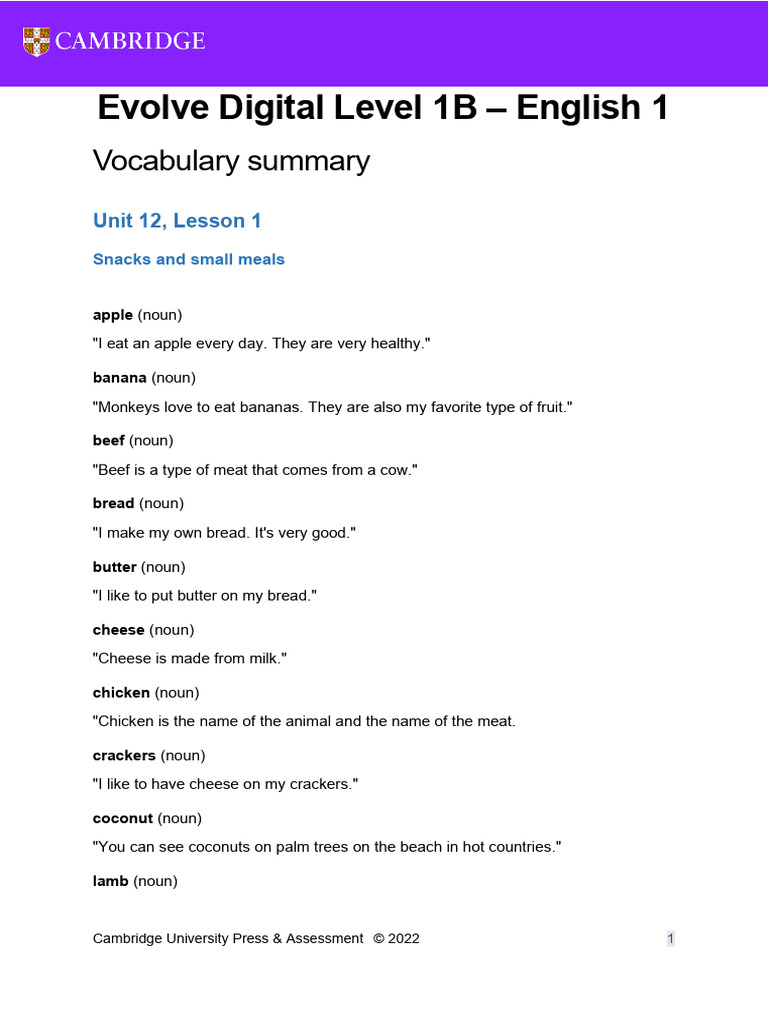 Unit 12 - E1 - Vocabulary | Download Free PDF | Plural | Food And Drink