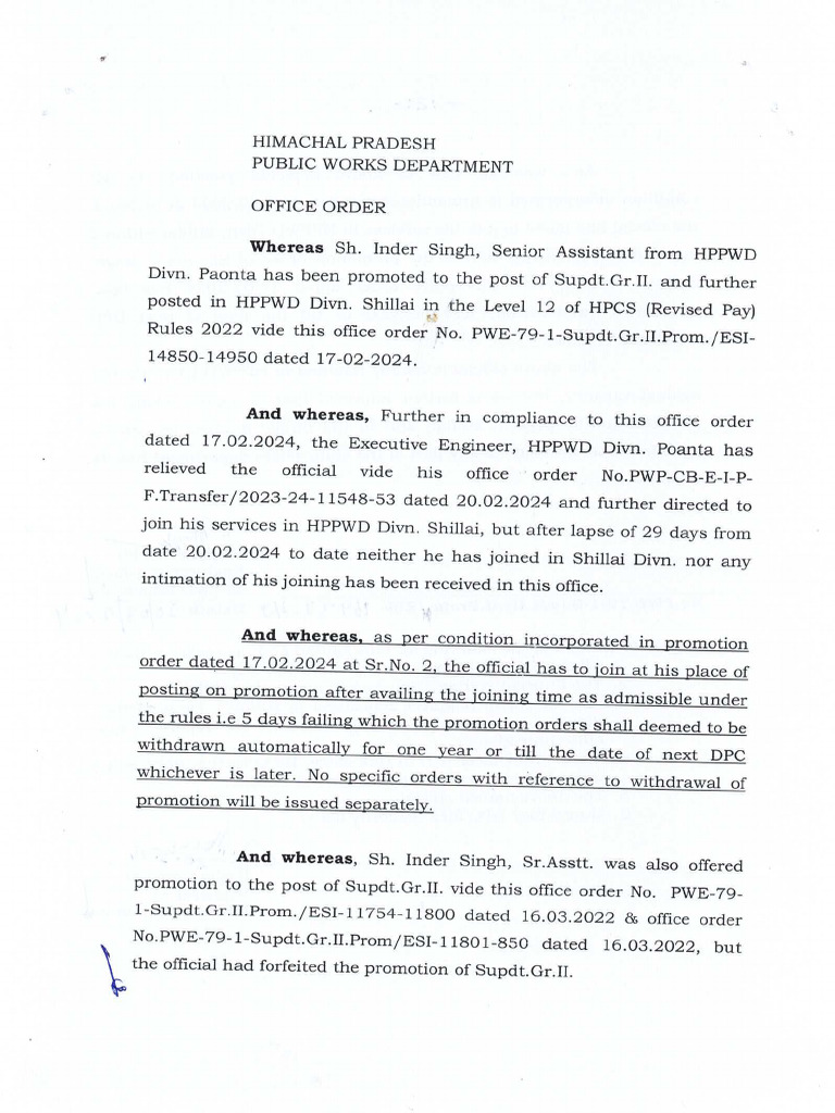 Promotion Withdrawal Order of Sh. Inder Singh | PDF