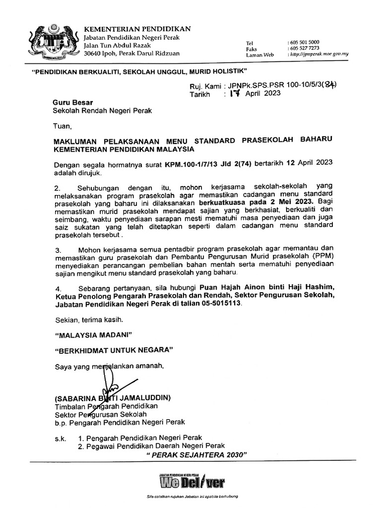 Surat Makluman Pelaksanaan Menu Standard Prasekolah Baharu 2023 | PDF