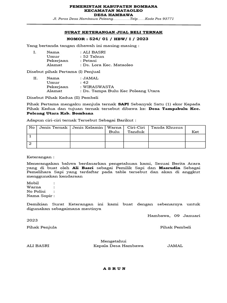 Surat Keterangan Jual Beli Ternak | PDF Surat Keterangan Jual Beli Ternak | PDF