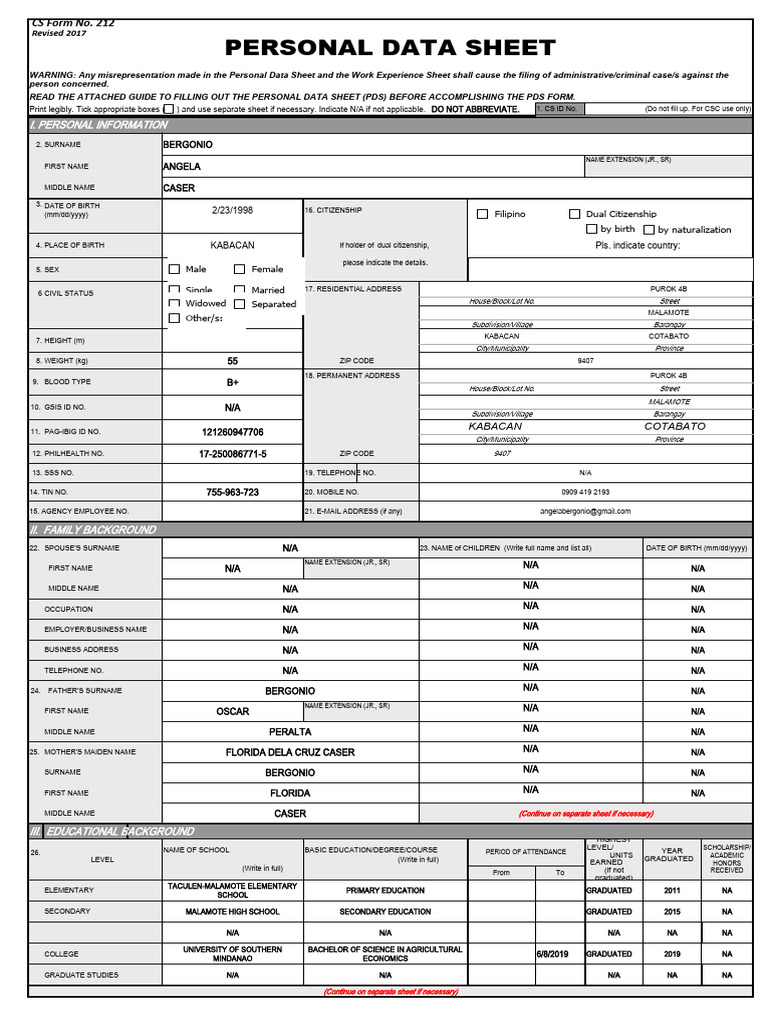 Personal Data Sheet Template | PDF | Passport | Government